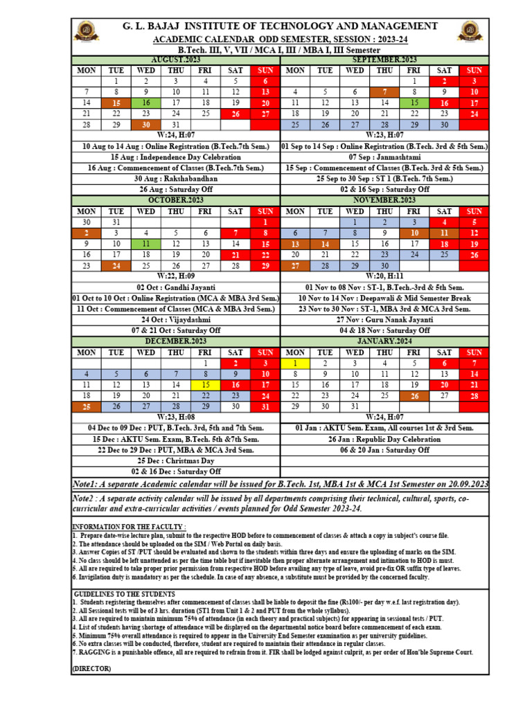 Academic Calender Odd Semester 2023-24 | PDF | Academic Term