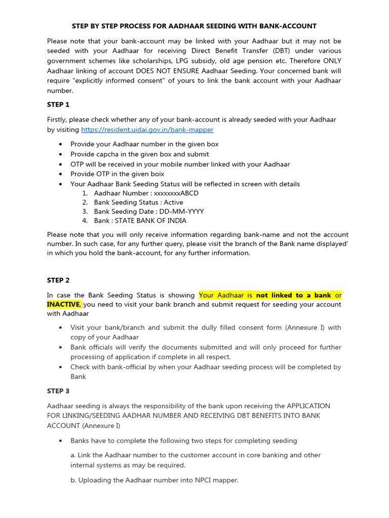 Step by Step Process For Aadhaar Seeding With Bank - 1 | PDF