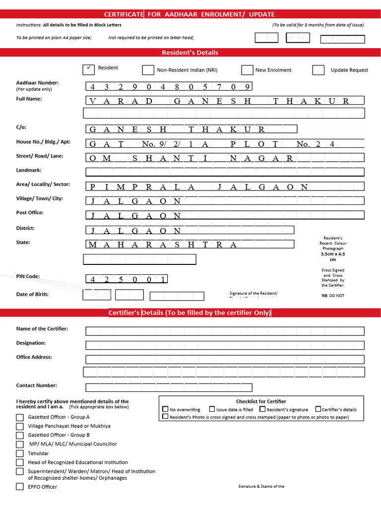 Aadhar Address MP Mla Form | PDF | Freight Transport | Written ...