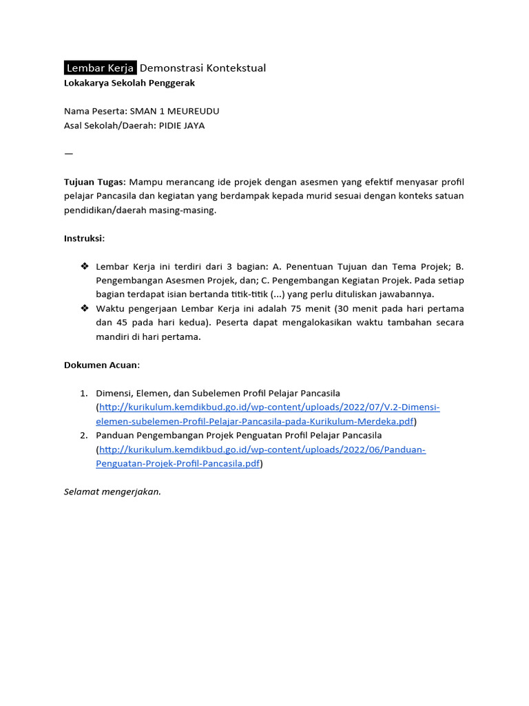 Lembar Kerja Demonstrasi Kontekstual - Merancang Projek - SMAN 1 MRD | PDF