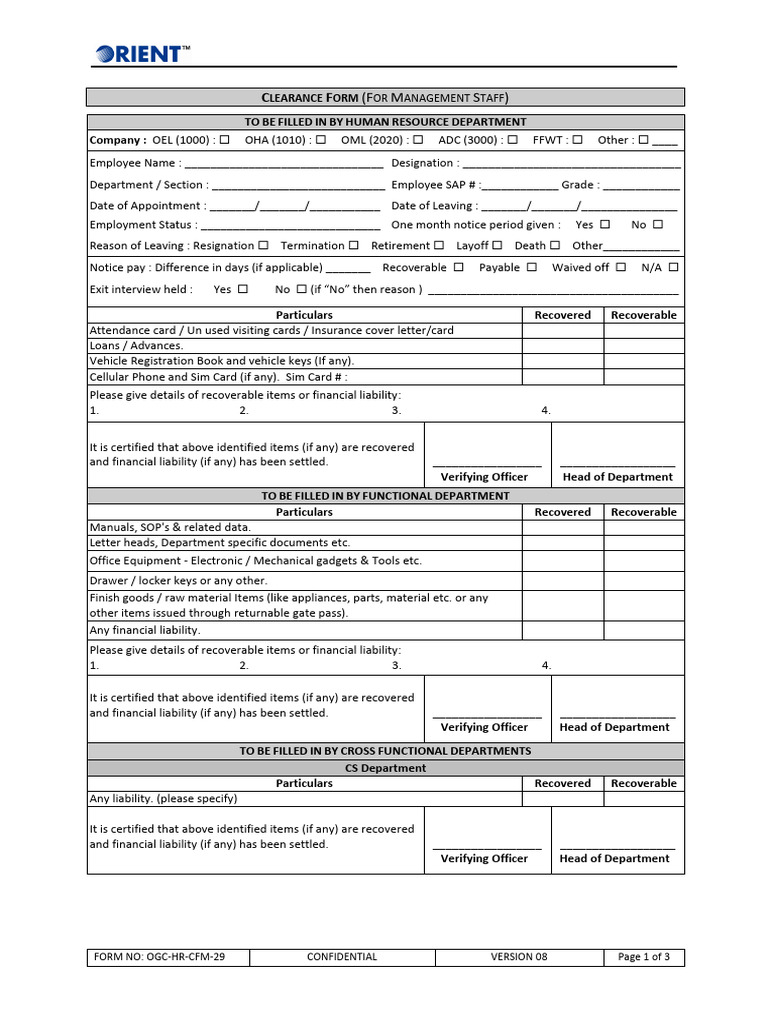 Clearance Form (For Management Staff) OGC-HR-CFM-29 V8 | PDF | Audit ...