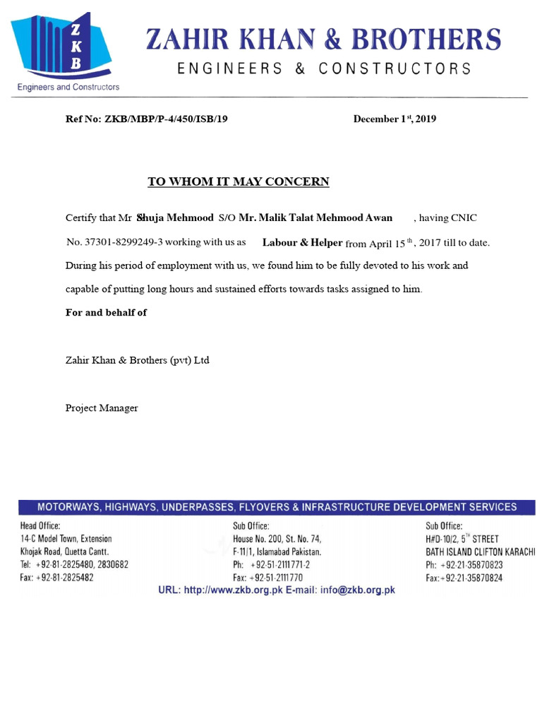 Experience Certificate for Shuja Mehmood | PDF