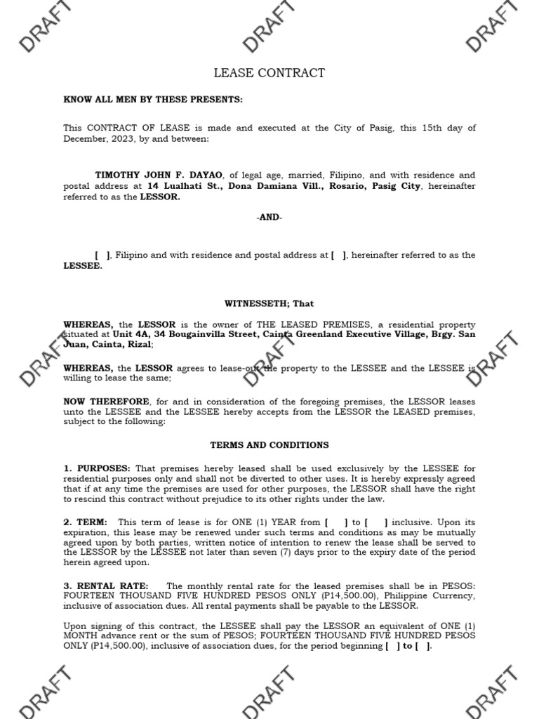 Lease Contract - Penthouse (Draft) | PDF | Lease | Real Property Law