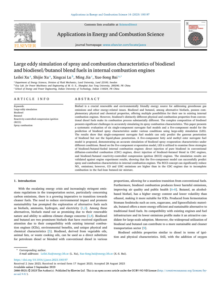 2023 Large Eddy Simulation Of Spray And Combustion Characteristics Of Biodiesel And Biodiesel Or