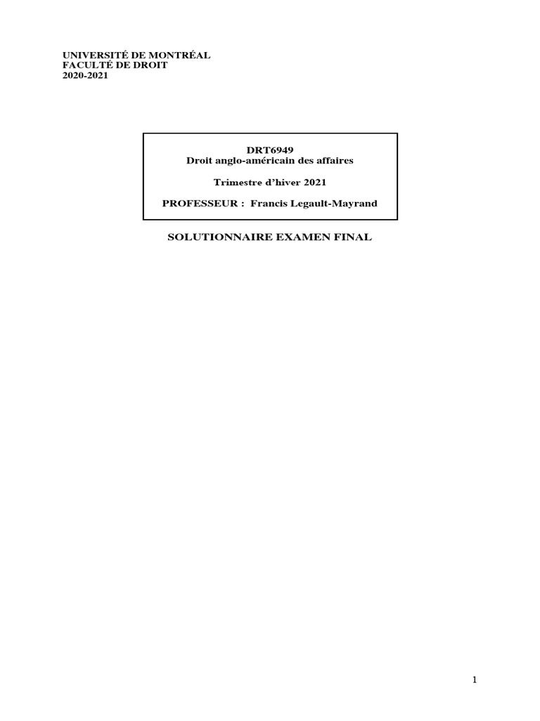 Solutionnaire - Examen Final H2021 - DRT6949 | PDF | Sodles | Justice