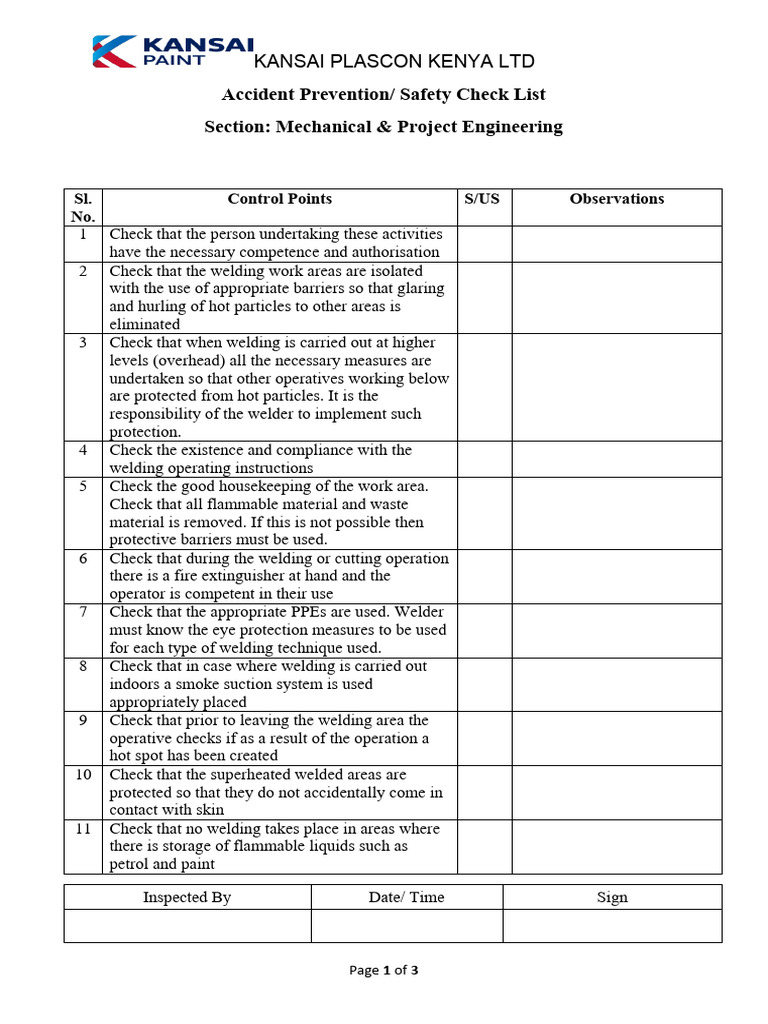 Welding Safety Checklist Guide | PDF | Welding | Construction