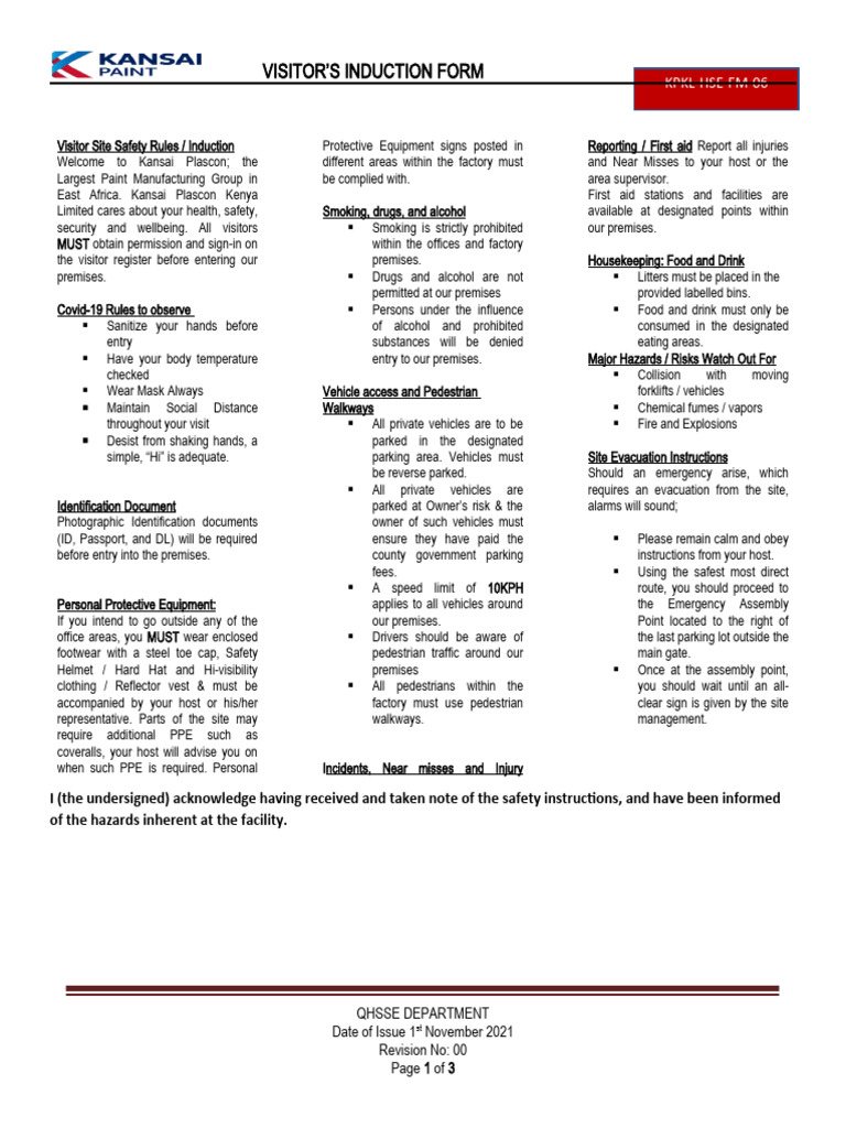 (KPKL HSE FM 06) Visitor's Induction Form | PDF