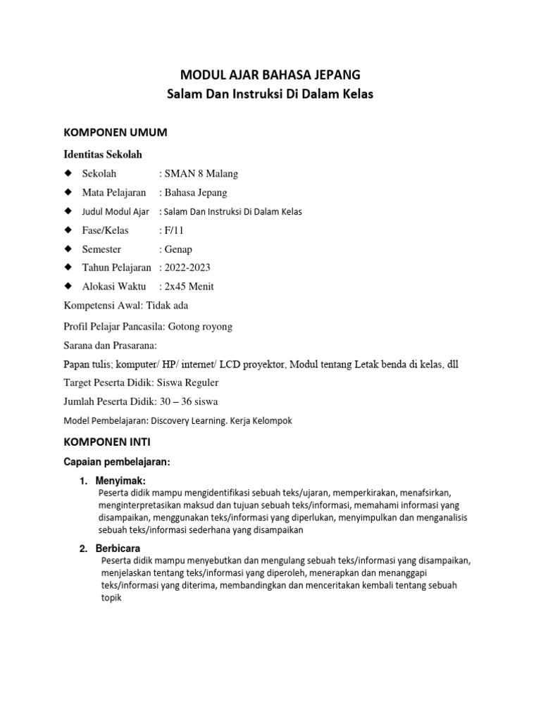 Modul Ajar Bahasa Jepang - Salam & Instruksi Di Dalam Kelas - Fase F | PDF Modul Ajar Bahasa Jepang - Salam & Instruksi Di Dalam Kelas - Fase F | PDF