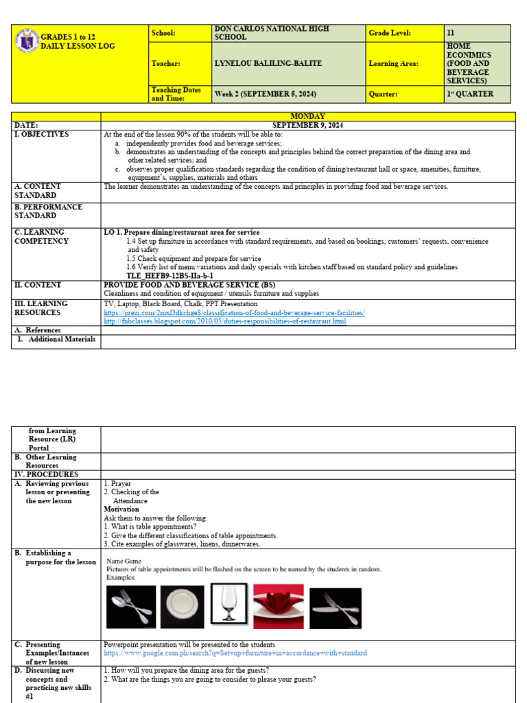 Fbs DLL 1st Quarter Week 2 Monday | PDF | Learning | Restaurants