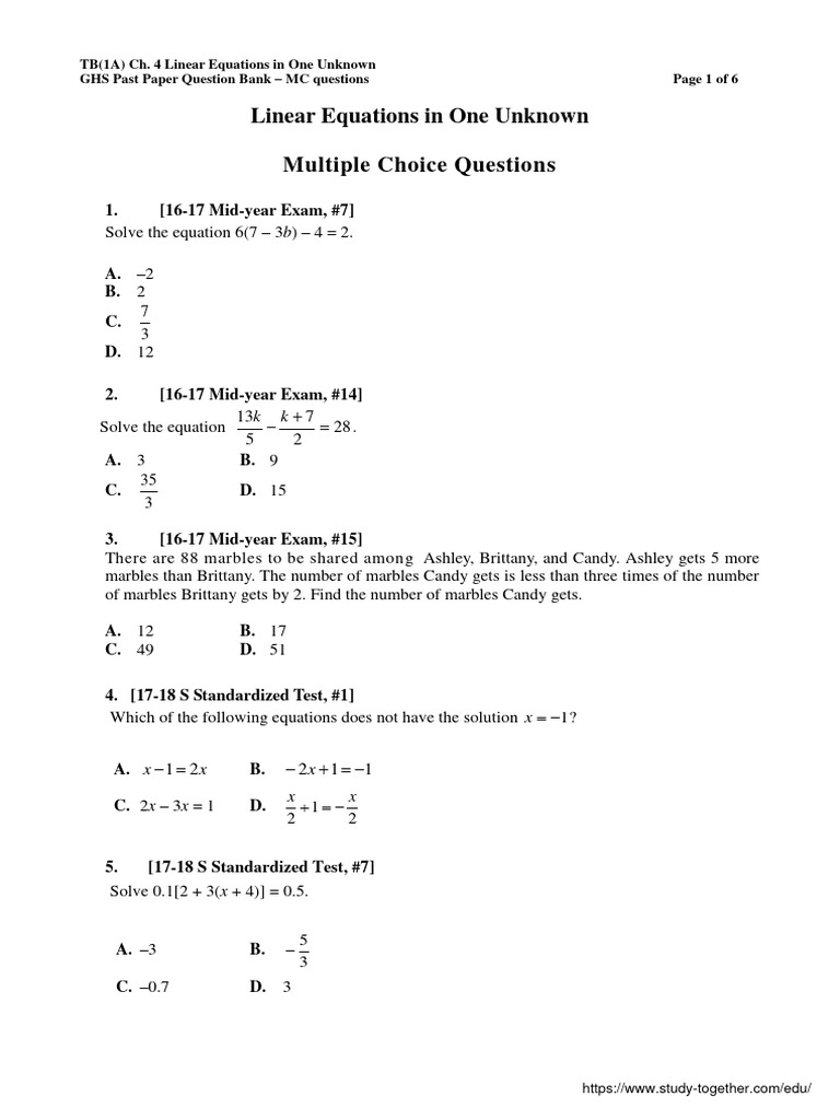 Linear Equations MCQ Bank | PDF | Equations | System Of Linear Equations