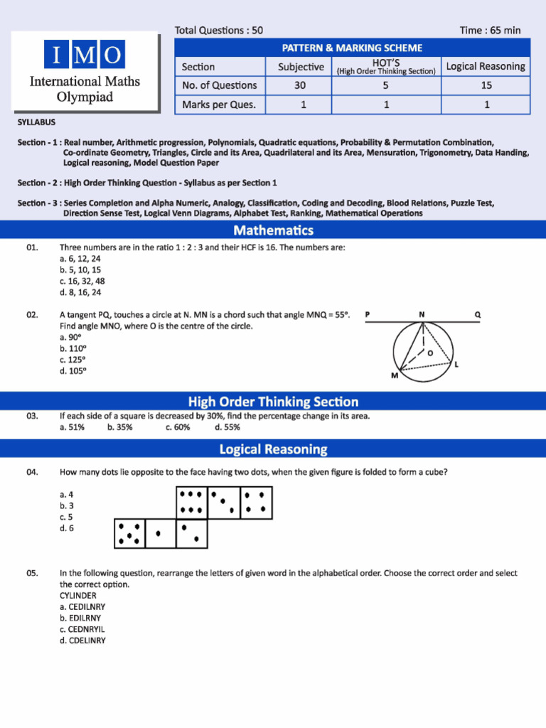 IMO Class 10 Sample Paper | PDF
