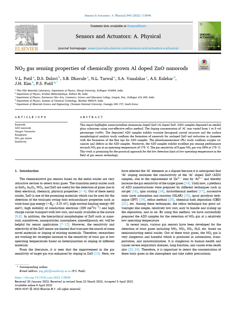 NO2 Gas Sensing Properties of Chemically Grown Al Doped ZnO Nanorods | PDF