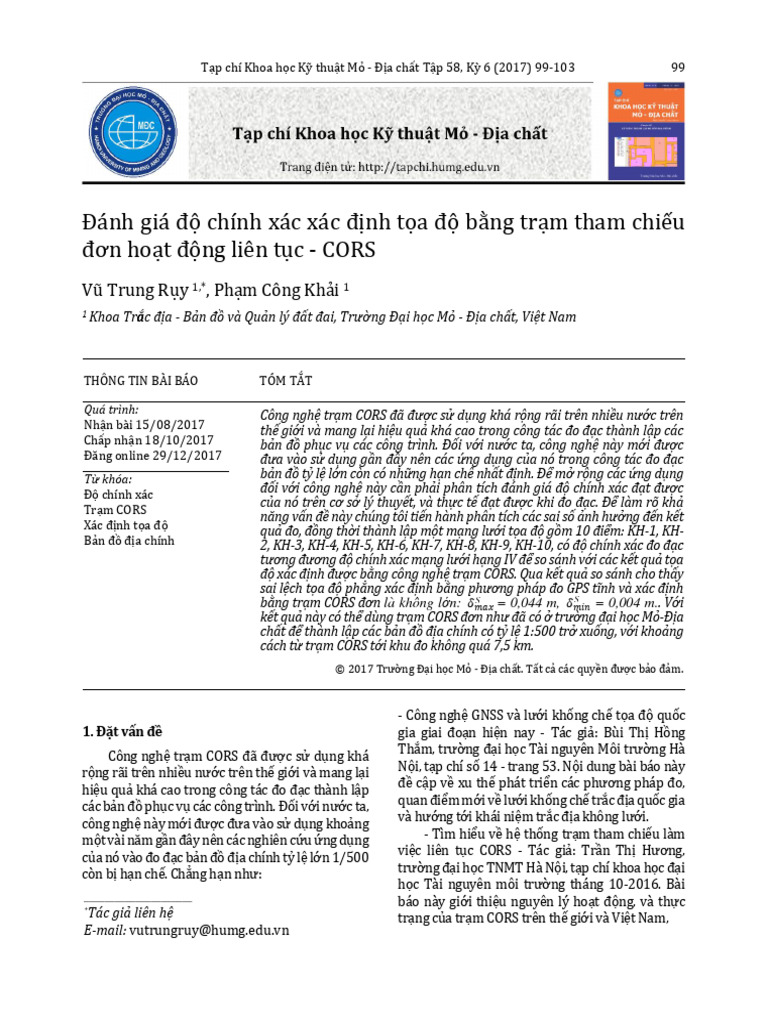 Danh Gia Do Chinh Xac Xac Dinh Toa Do Bang Tram Tham Chieu Don Hoat Dong Lien Tuc Cors | PDF