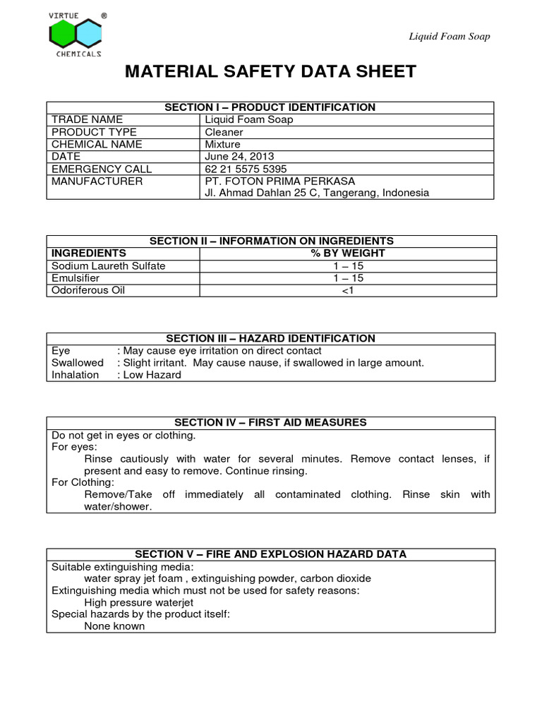 MSDS Liquid Foam Soap | PDF | Hazards | Dangerous Goods