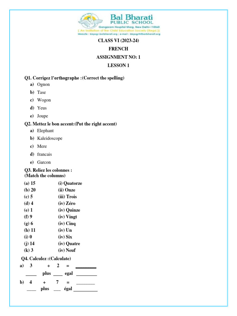 BBPSGRH Class 6 French Assignment 1 L1 2023-24 | PDF