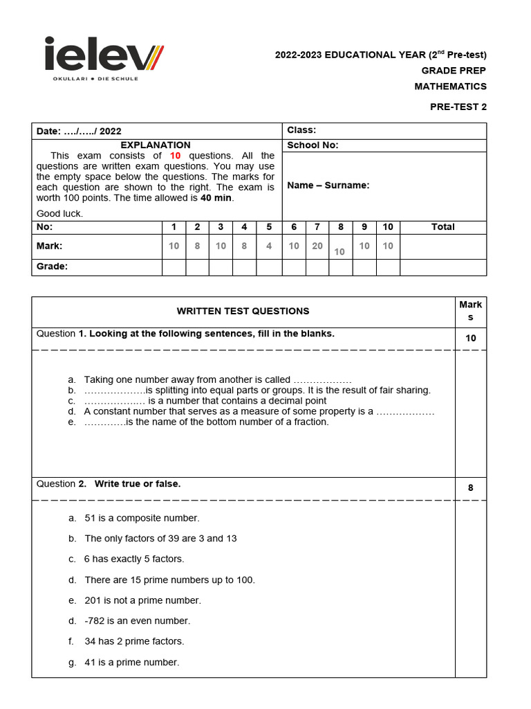 Prep Grades PRETEST Version-2 | PDF | Numbers | Prime Number