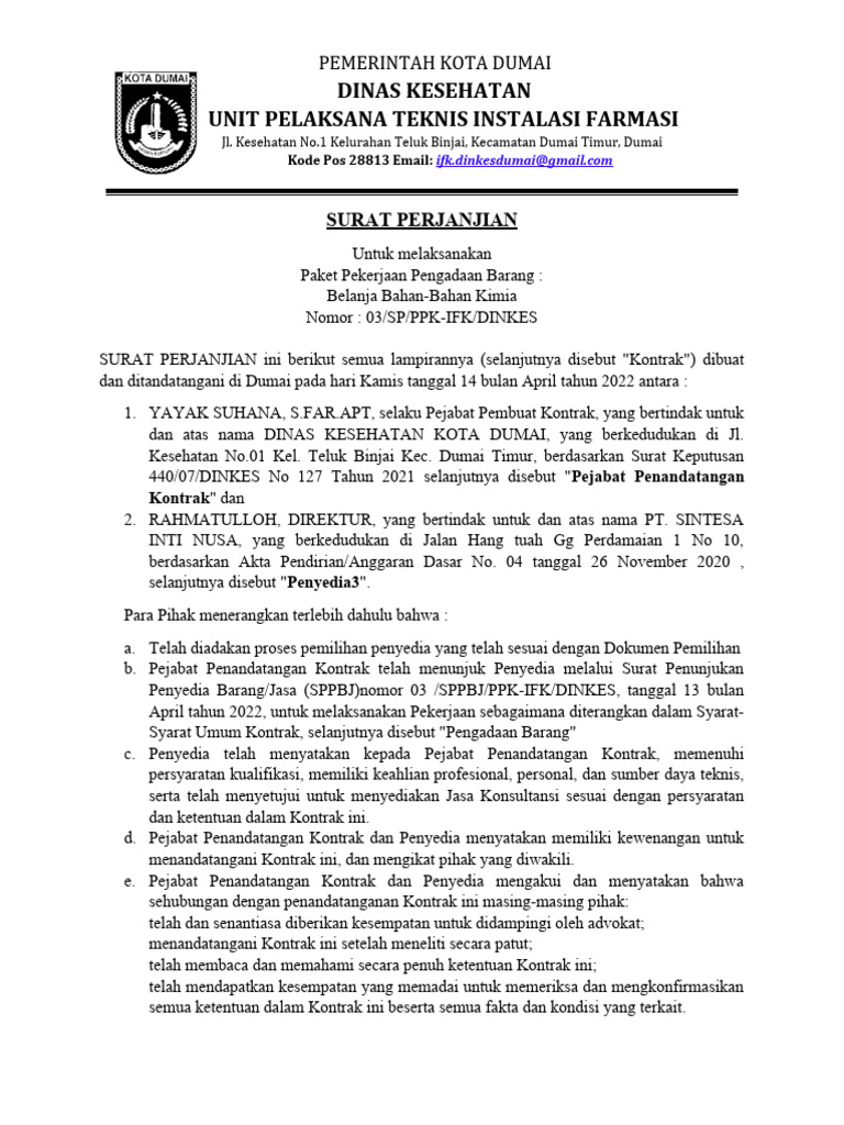 Surat Perjanjian Lelang Bahan Kimia Apbd | PDF