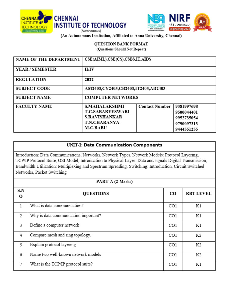 CS2403 Computer Networks Question Bank | Download Free PDF | Computer Network | Transmission ...