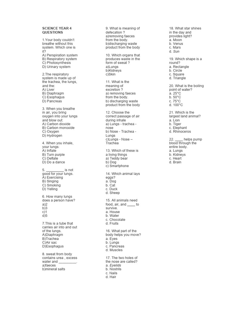 Science Year 4 Questions | PDF | Lung | Respiratory System