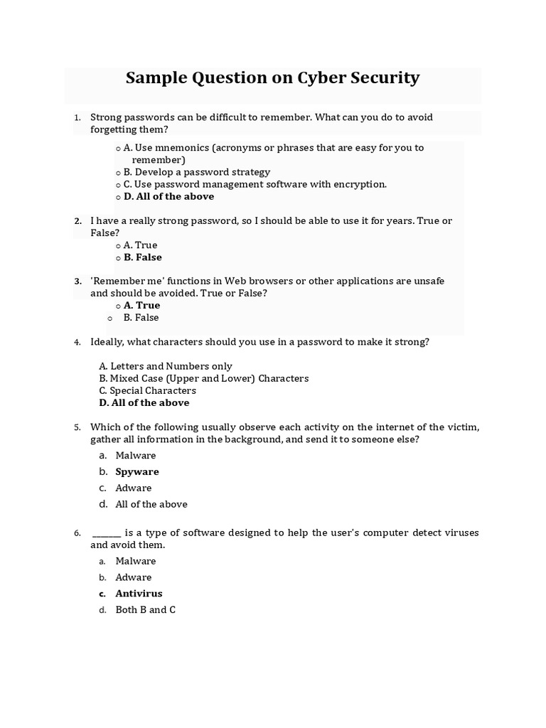 Sample Question On Cyber Security | PDF | Malware | Security
