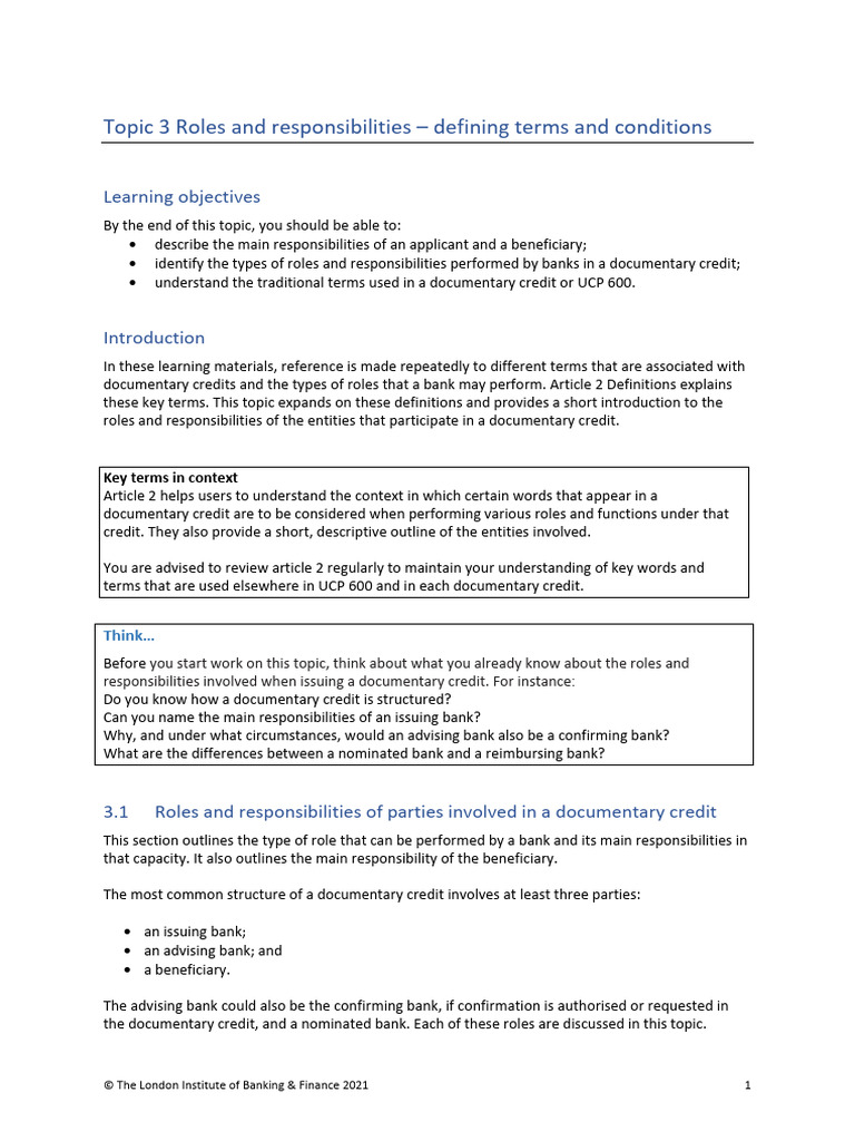 Topic 3 Roles and Responsibilities - Defining Terms and Conditions ...