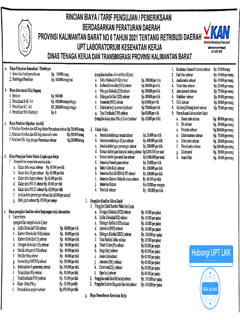 UPT LKK - Rincian Biaya Pemeriksaan Pengujian | PDF