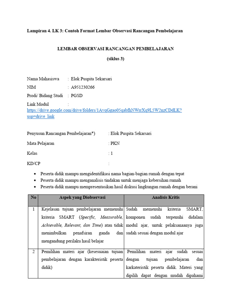 t4 s3 Lembar Observasi Rpp Ppl | PDF