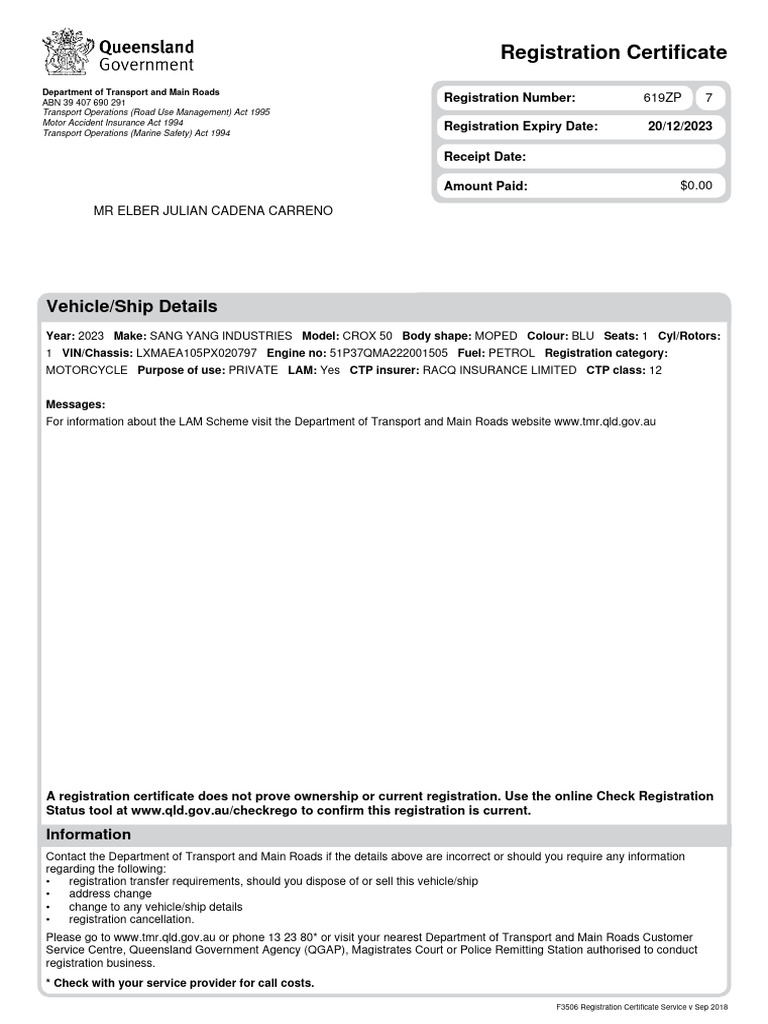 Queensland Motorcycle Registration Certificate | PDF | Business