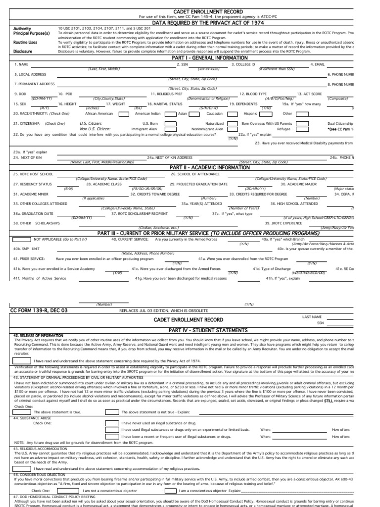 Cadet Enrollment Record: Document Providing Personal and Academic ...