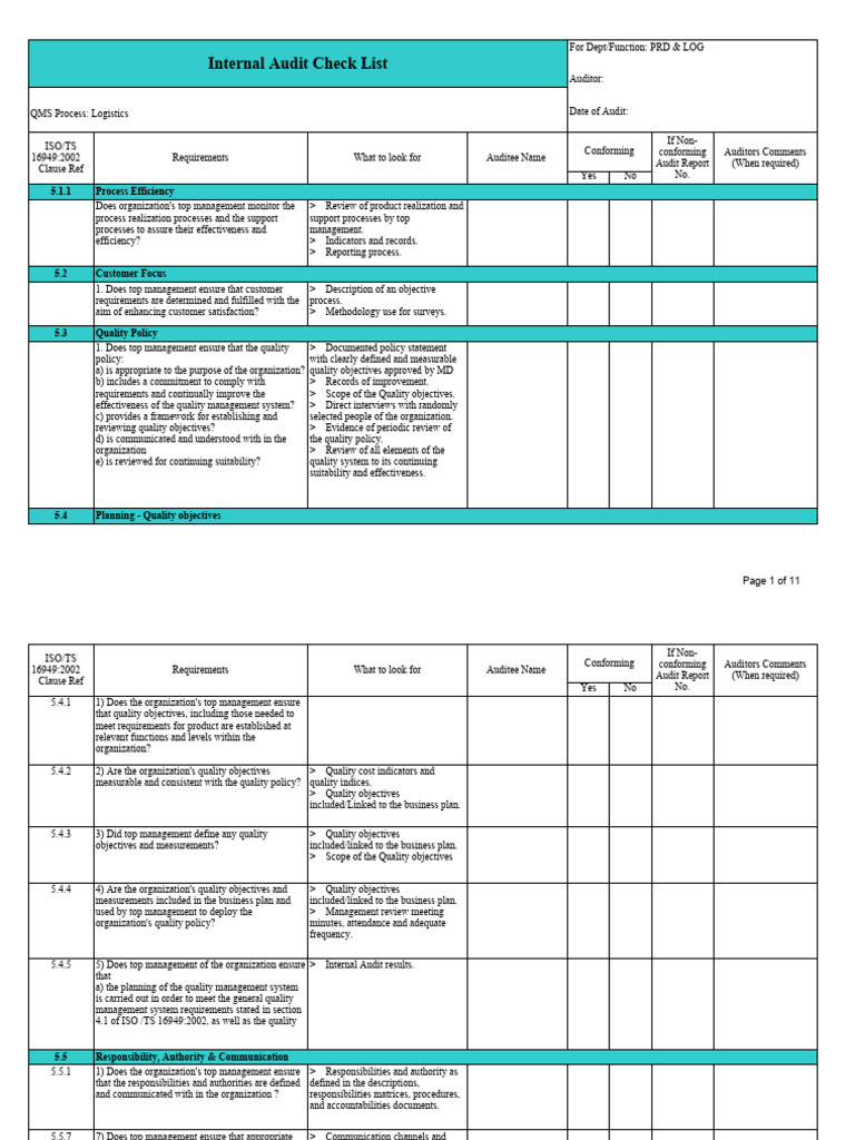 LOG Internal Audit Check Sheet | PDF | Auditor's Report | Audit