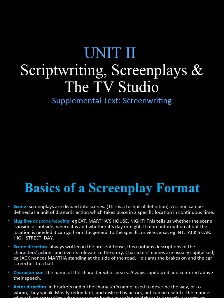 Unit II - Scriptwriting Screenplays and The TV Studio | PDF