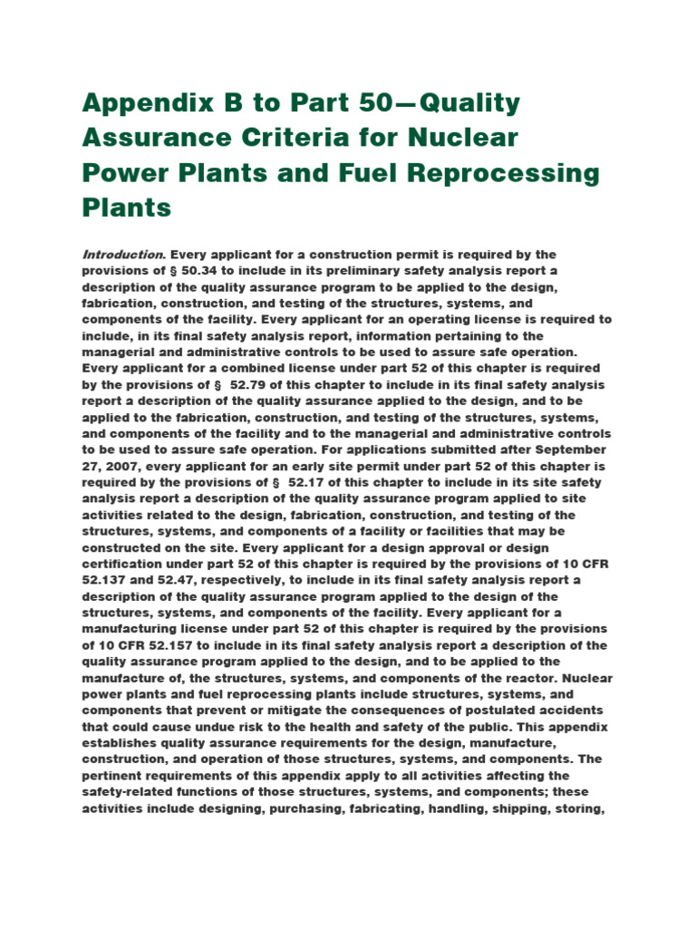 Appendix B To Part 50 | PDF | Audit | Quality Assurance