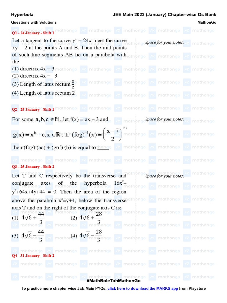 JEE Main 2023: Hyperbola Qs Bank | PDF | Business | Computers