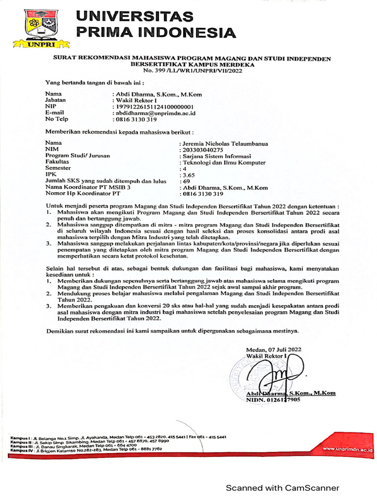 Surat Rekomendasi Universitas Prima Indonesia | PDF