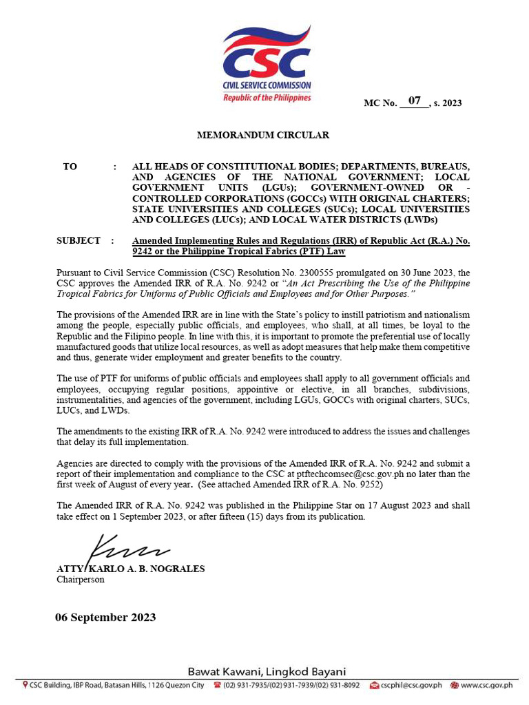 MC No. 07 Re Amended IRR of RA 9242 or PTF Law | PDF
