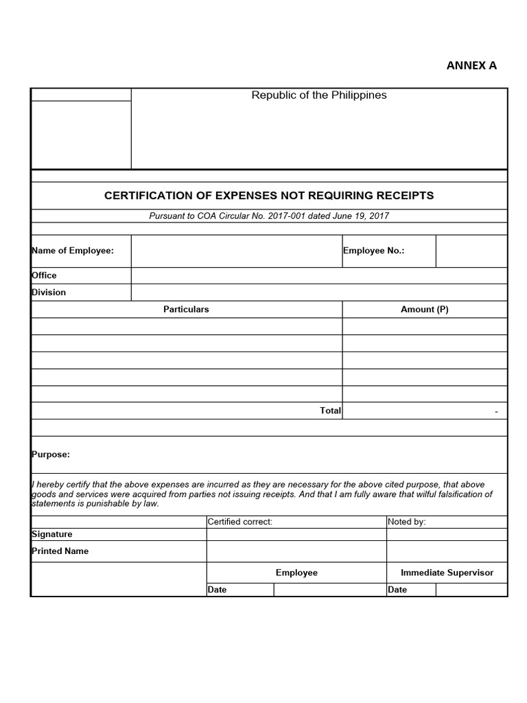 Certification of Expenses Not Requiring Receipts - Annex | PDF