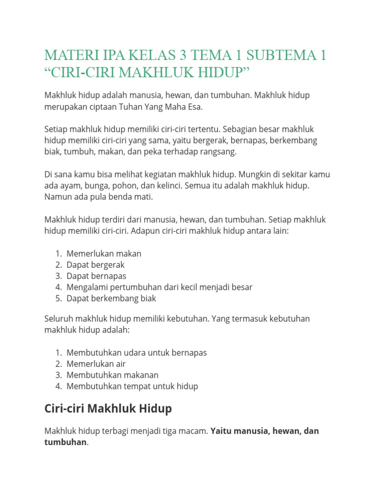 Materi Ipa Kelas 3 Tema 1 Subtema 1 | PDF