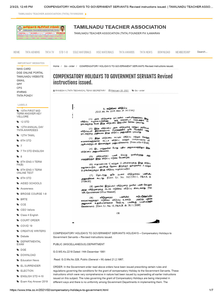 COMPENSATORY HOLIDAYS TO GOVERNMENT SERVANTS Revised Instructions ...