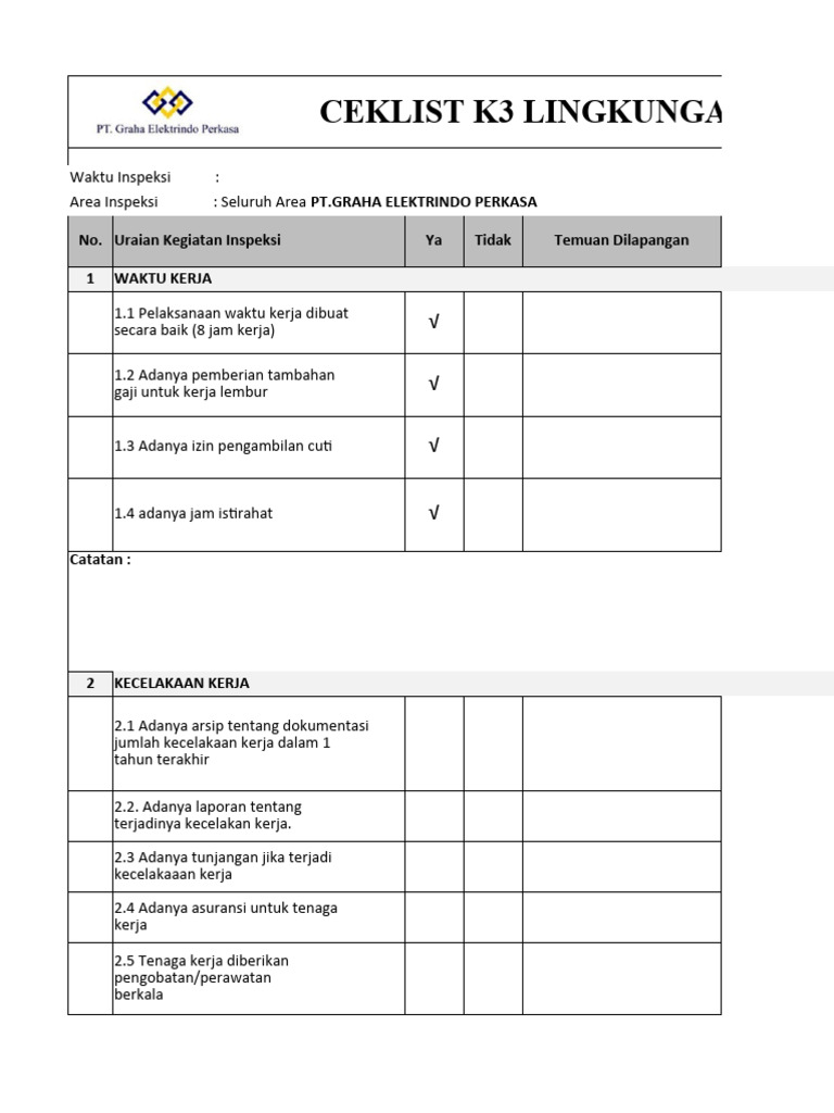 23.fo-Ga-004!18!00 Form Check List Inspeksi K3-Lingkungan (General Inspection) | PDF