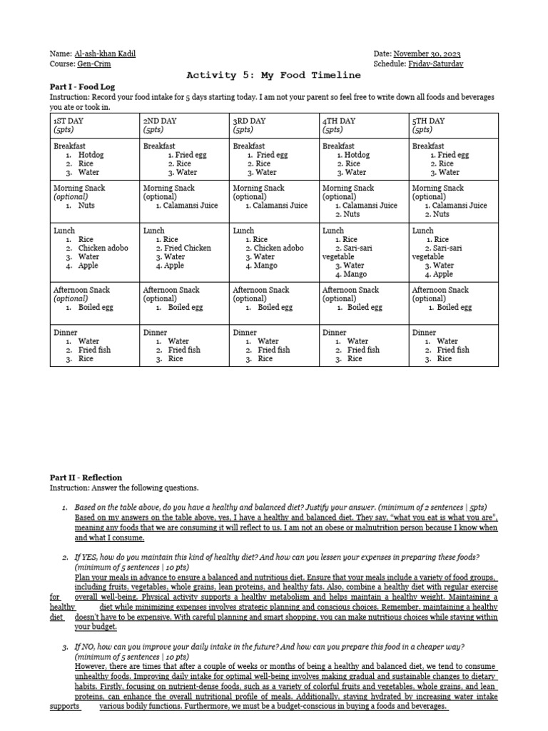 GE ELEC 3 - A5 My Food Timeline | PDF | Dieting | Healthy Diet