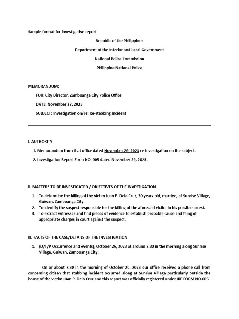 Sample Format For Investigative Report | PDF | Crimes | Crime & Violence