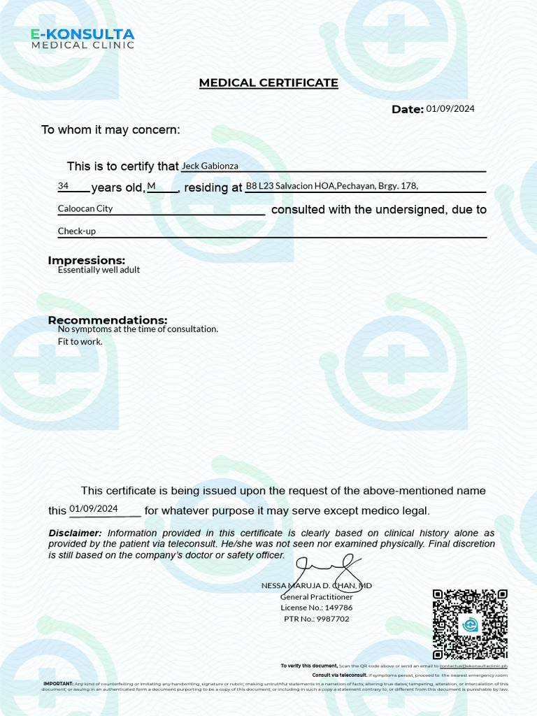 Medical Certificate for Teleconsultation | PDF | Health Sciences ...