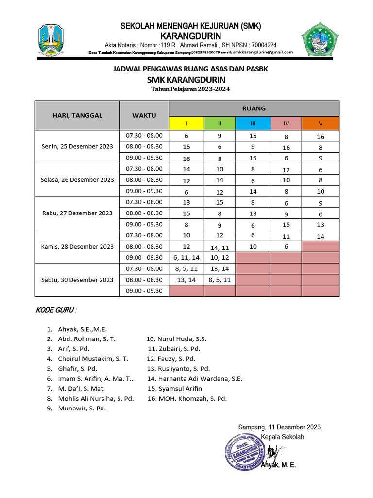 JADWAL PENGAWAS RUANG ASAS DAN PASBK 2023-2024 | PDF
