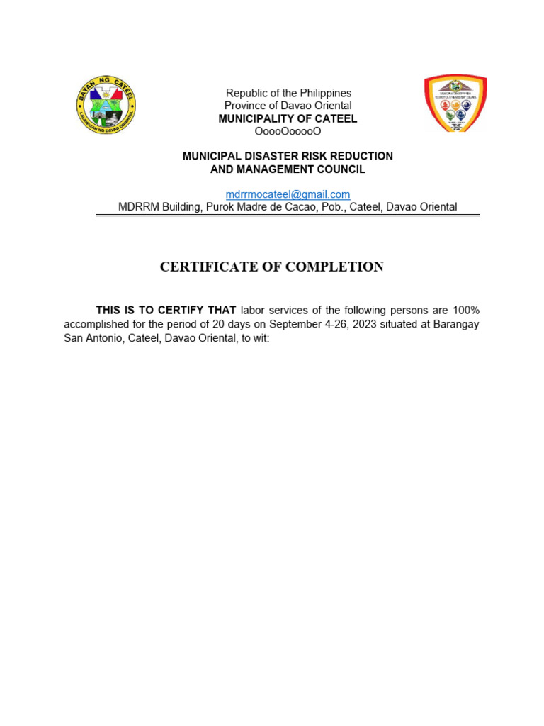 CERTIFICATE OF COMPLETION - Labor Services | PDF