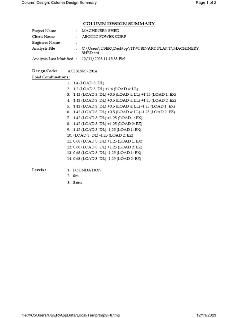 Column Design Summary: Design Code: Load Combinations | PDF