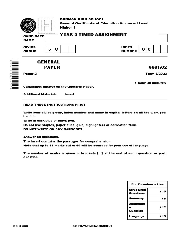 DHS J1 Practice Paper 2023 - QA Booklet | PDF