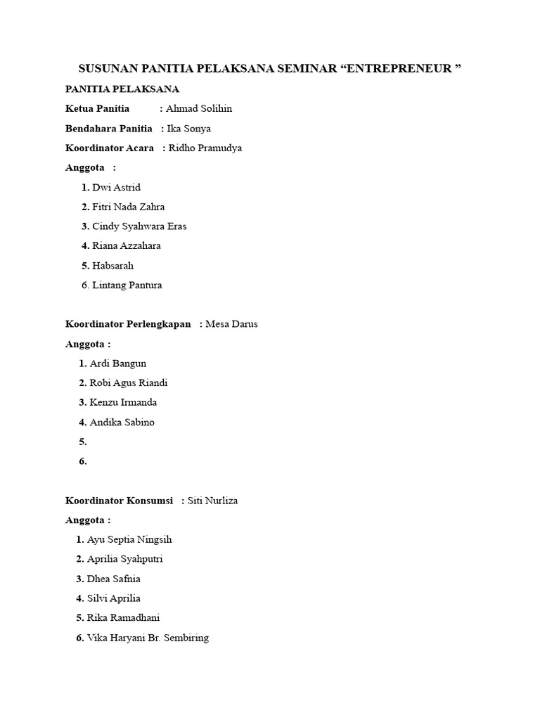 Susunan Panitia Pelaksana Seminar | PDF