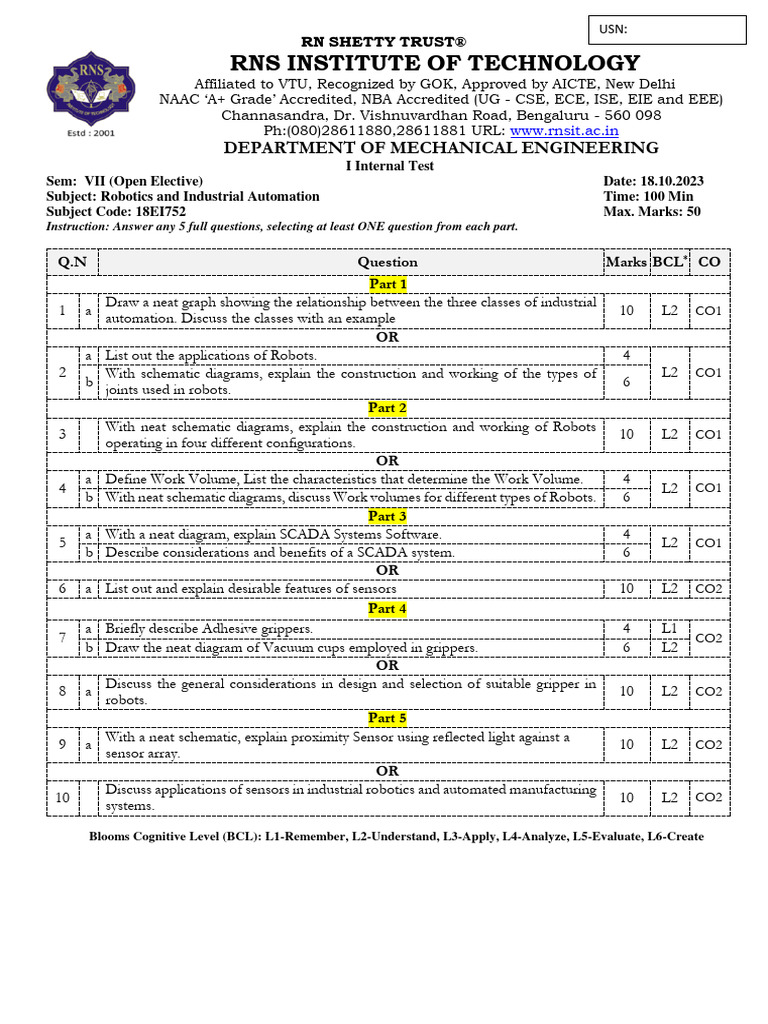 IA1 - DR MJN - Robitics - QP - 1st IA - 2023-24 | PDF