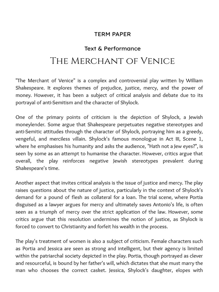 Critcal Analysis of Play Merhcnat of Venice by William Shakespear | PDF ...