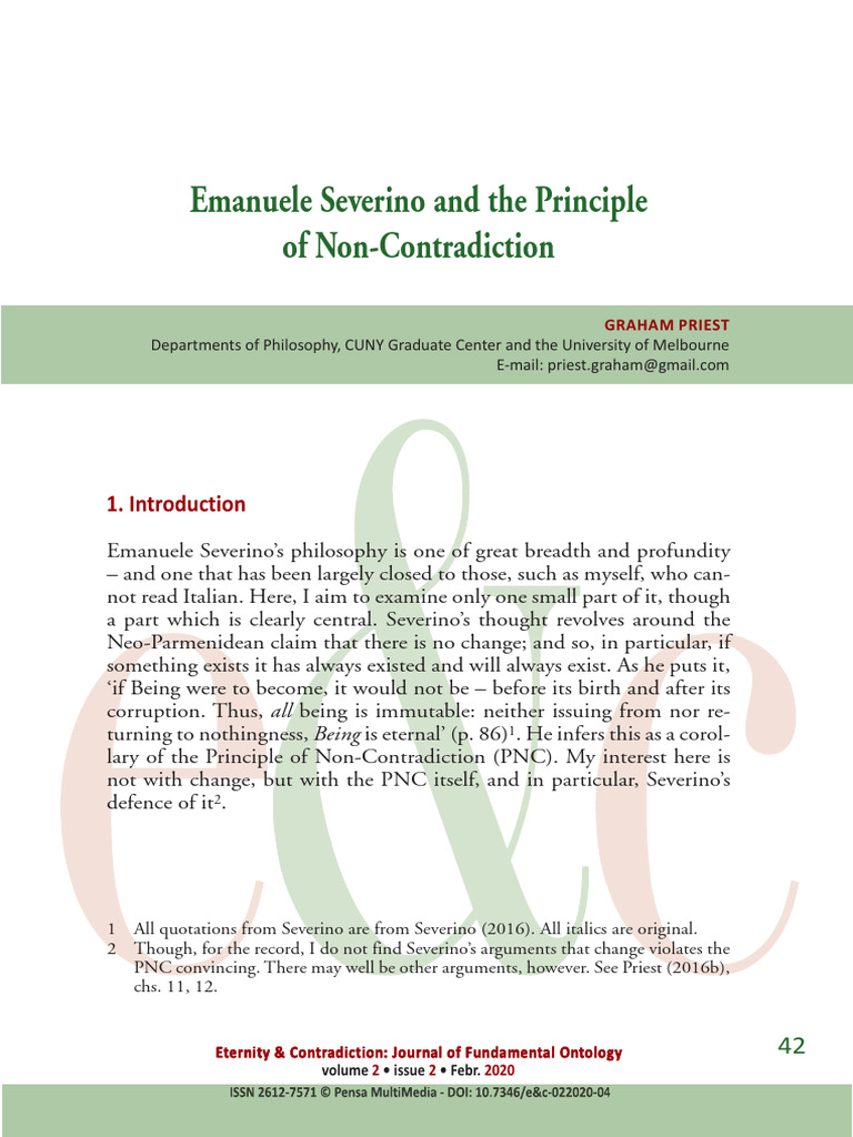 Priest G. - Emanuele Severino and The Principle of Non-Contradiction | PDF | Epistemology ...